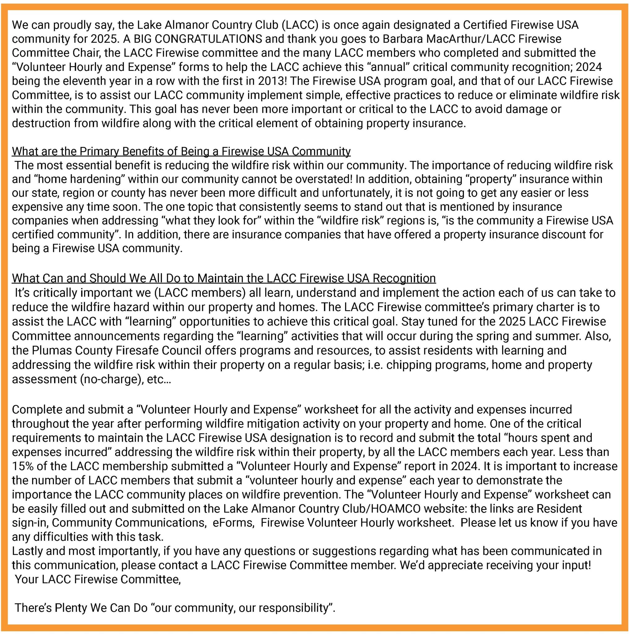FireWise Information | Lake Almanor Country Club